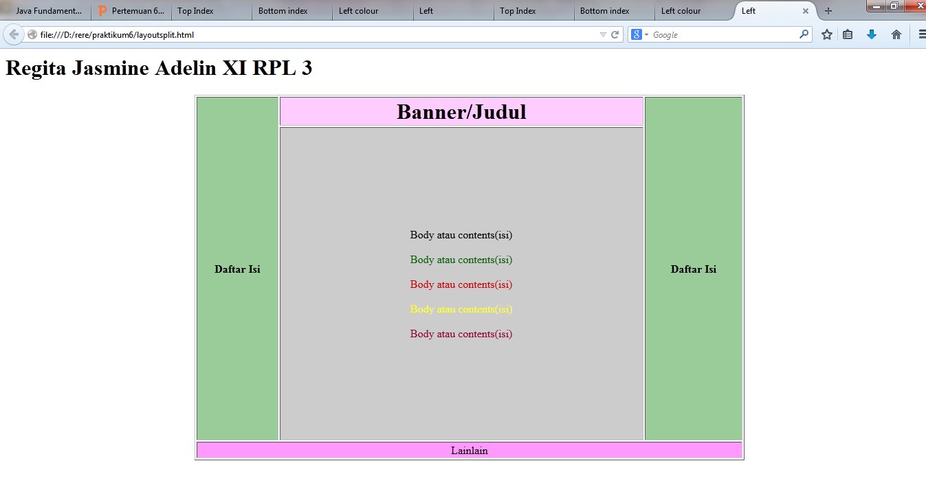 HTML 5 (Membuat Bottom Index,Layout Split,Left index,Top index)
