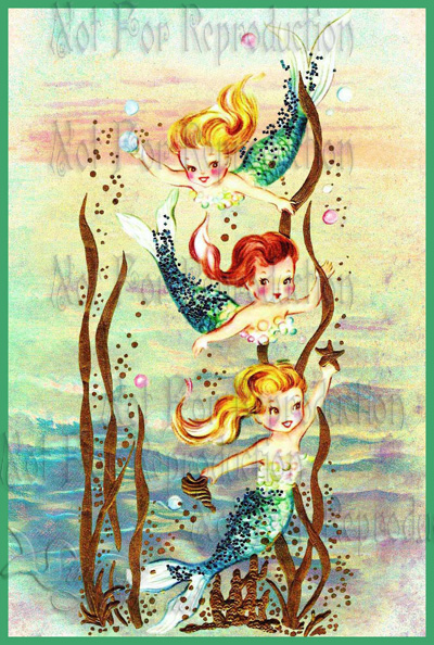 MERBABY FABRIC BLOCK: S341 Vintage Retro Merbabies Mermaids Postcard ...