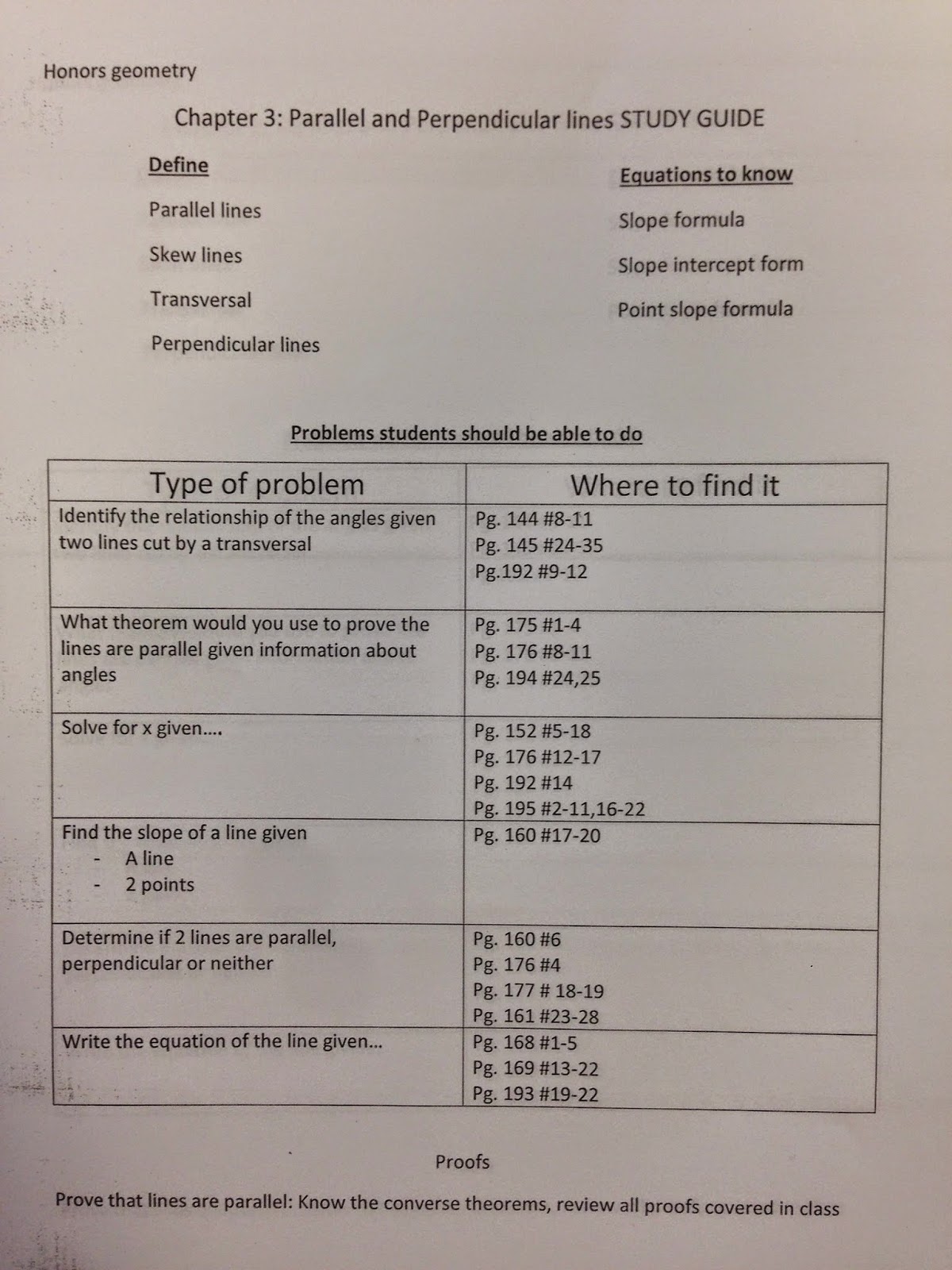 Honors Geometry - Vintage High School: Chapter 3 Proof Practice/Study guide