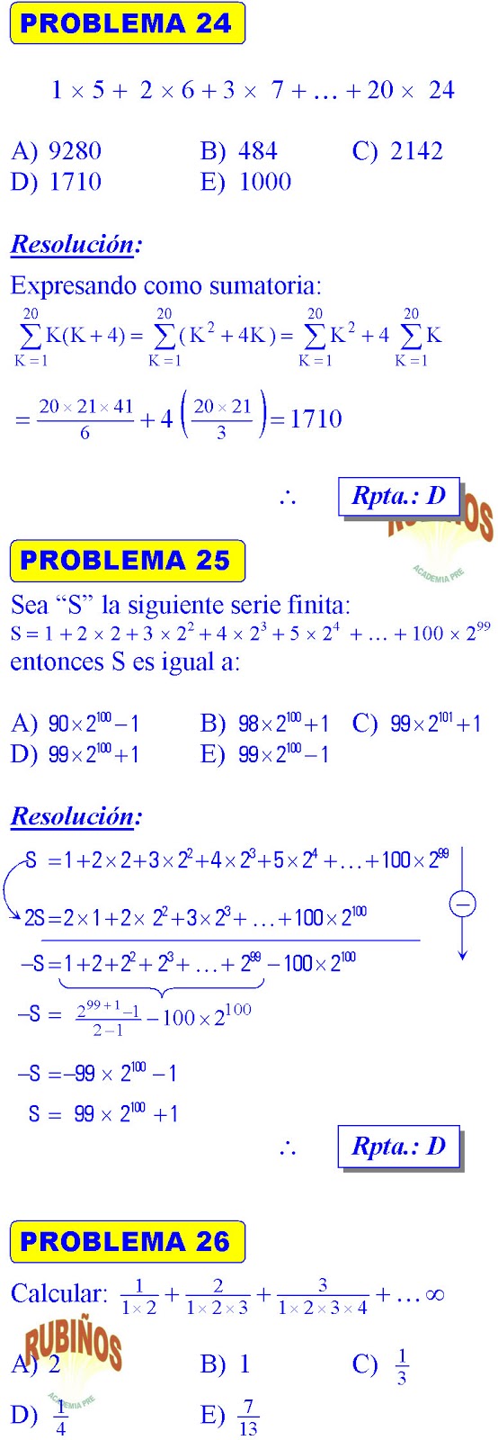 SERIES - SUMATORIAS Y SUMAS NOTABLES PROBLEMAS CON CLAVES PDF