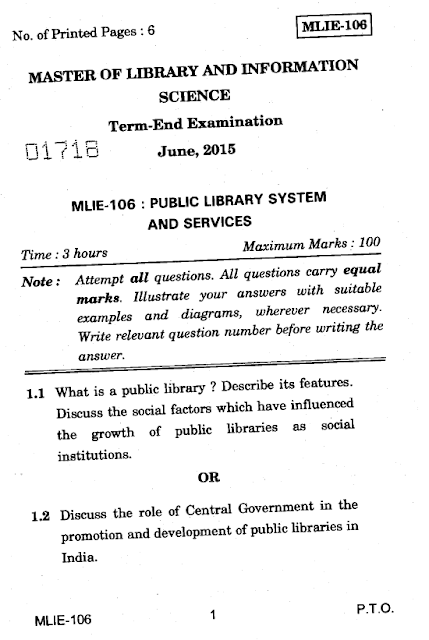 IGNOU MLIE-106 Public Library System and Services June 2015 Question ...