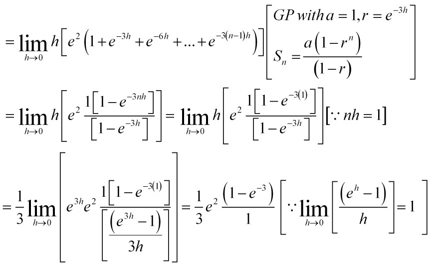 mixture: integral of e^(2-3x) from 0 to 1 using limit of sums