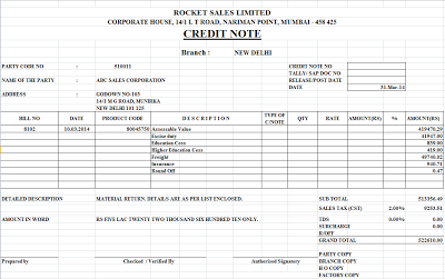 Credit Note Format in Excel