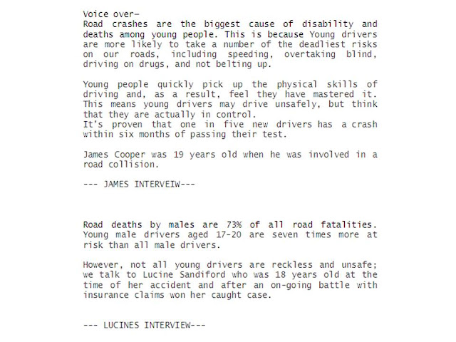A2 MEDIA DOCUMENTARY BLOG: Voice Over Script for Young Drivers Documentary