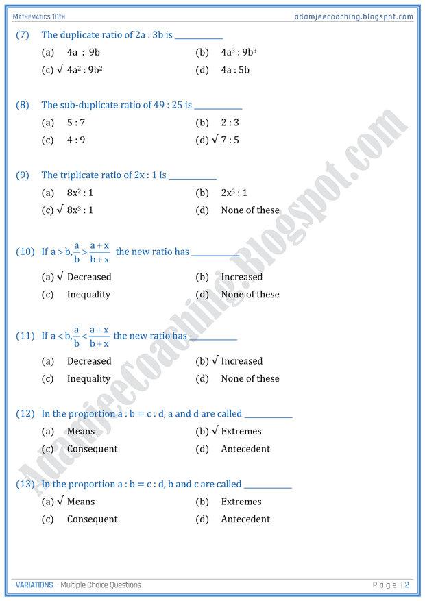Adamjee Coaching: Variations - MCQs - Mathematics 10th
