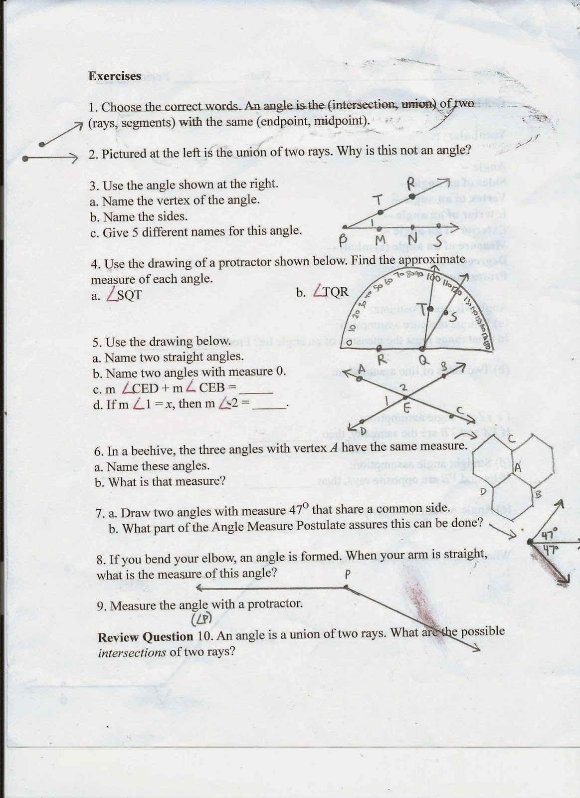 Geometry, Common Core Style: Lesson 3-1: Angles and Their Measures (Day 31)