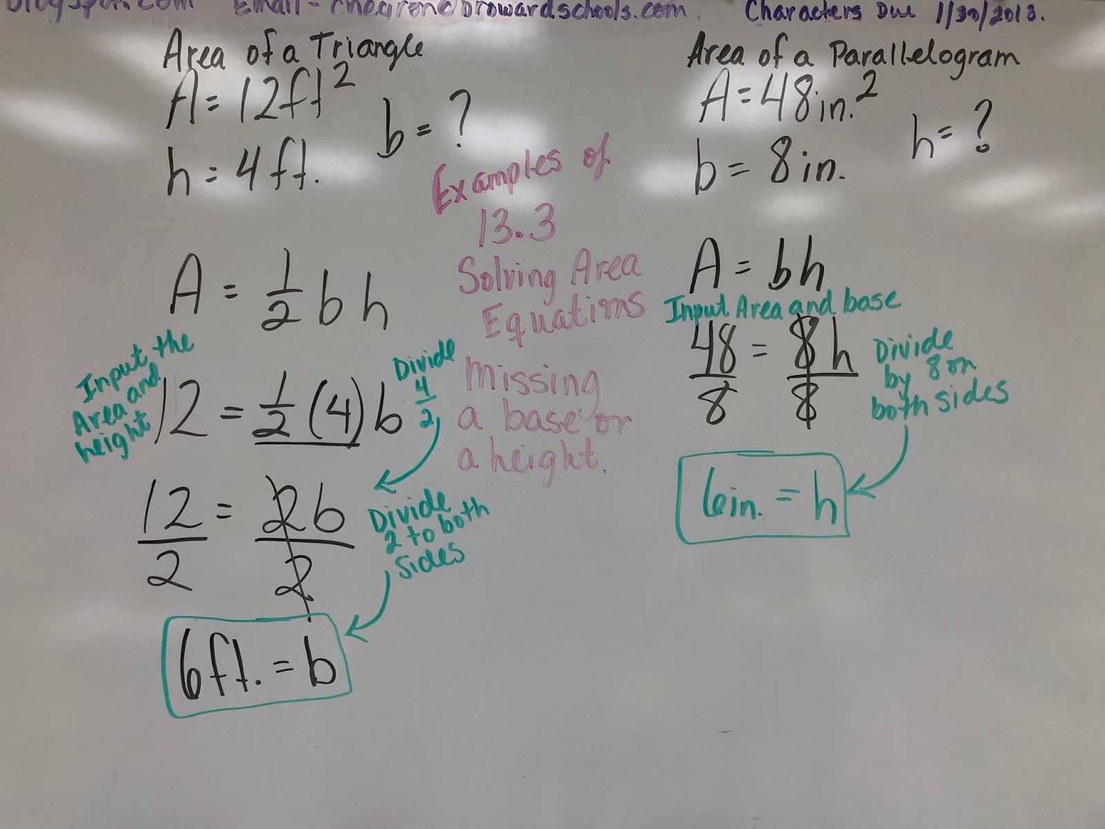 Mrs. Negron 6th Grade Math Class: Lesson 13.3 Solving Area Equations