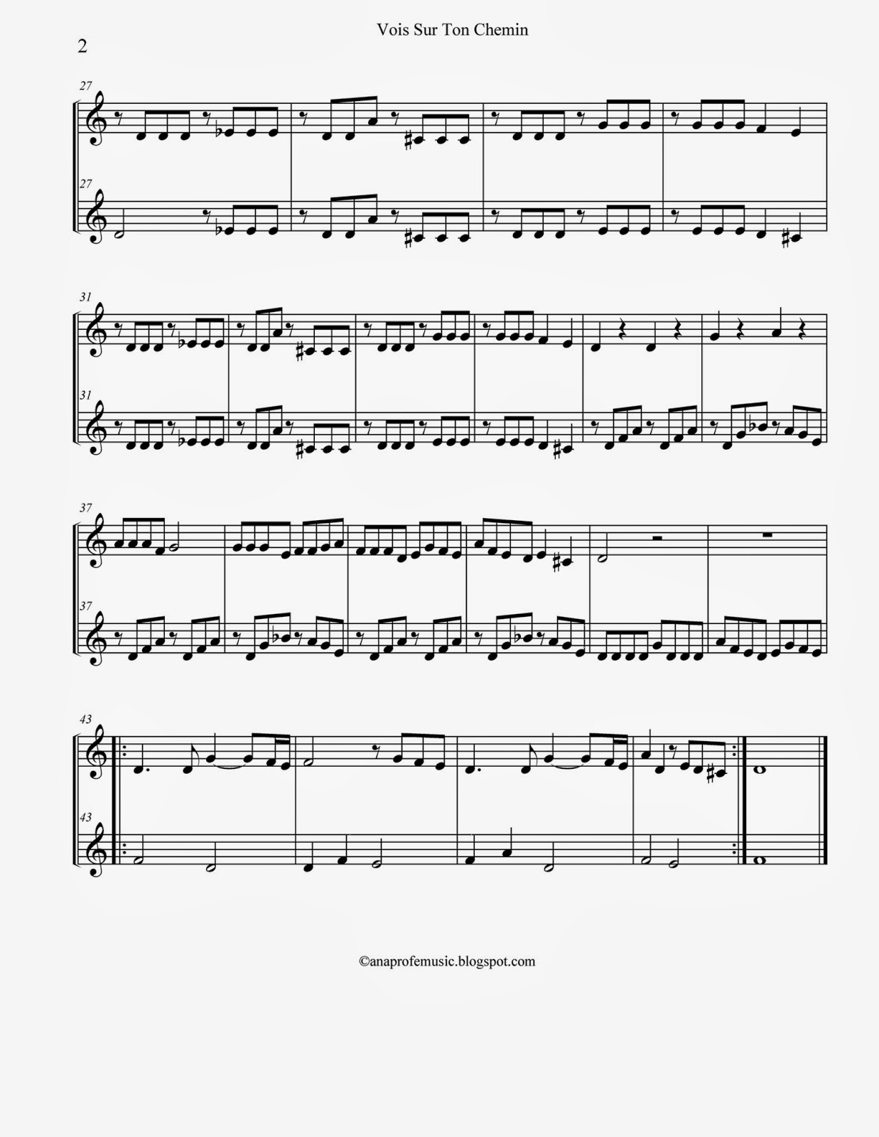 AnaProfeMusic: Partitura a Dúo para Flautas: Vois Sur Ton Chemin ...