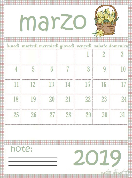 Calendario stampabile mese Marzo 2019 - inartesy