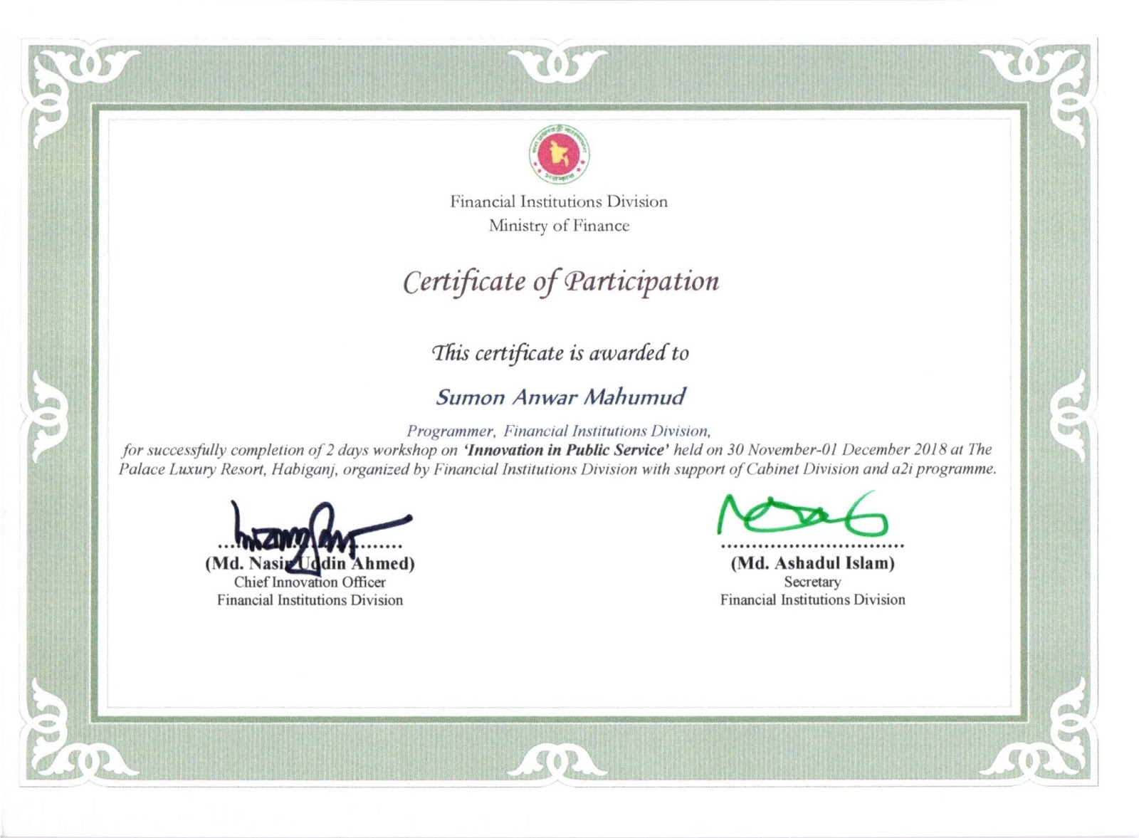 Professional Certificate of Sumon Anwar Mahumud - Engr. Sumon Anwar Mahumud