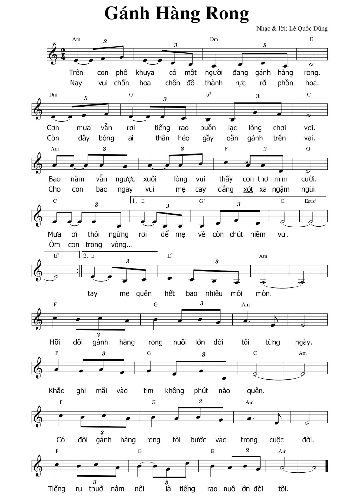SHEET MUSIC FREE - Sheet PIANO FOR YOU ~ Sheet nhạc bài Gánh hàng rong