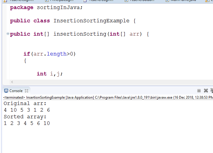 insertion sorting in java ascending order