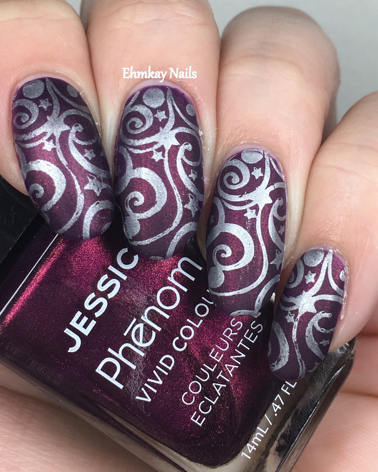 ehmkay nails: Jessica Cosmetics Phenom Red Beryl with Silver Swirl Stamping