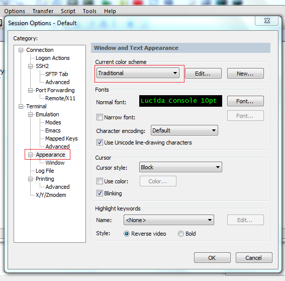 how to change default secureCRT appearance into Traditional color ...