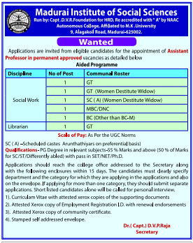Madurai Institute of Social Sciences, Madurai, Wanted Assistant ...