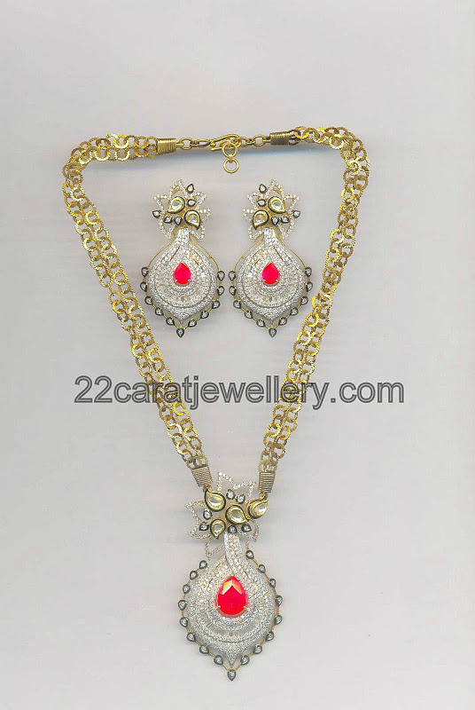 Gold Long Chains with Flower Model Diamond Pendants - Jewellery Designs