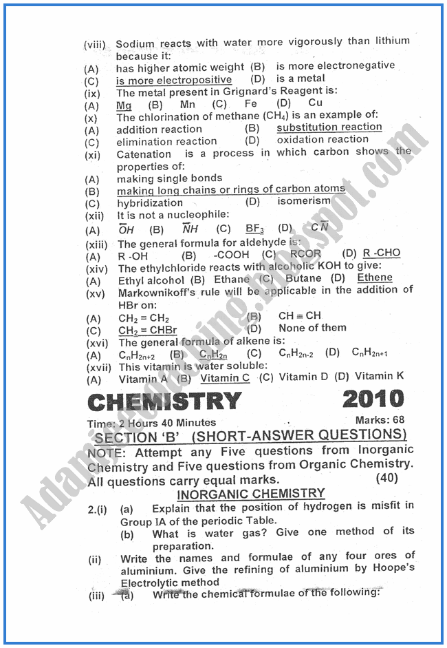 Adamjee Coaching: Chemistry 2010 - Past Year Paper - Class XII