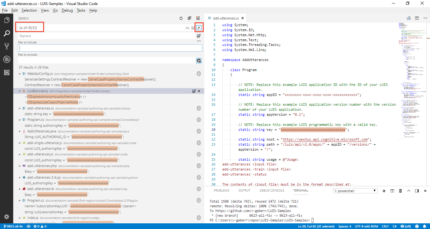 Project 31-A: Regex to search VSCode for Azure subscription keys