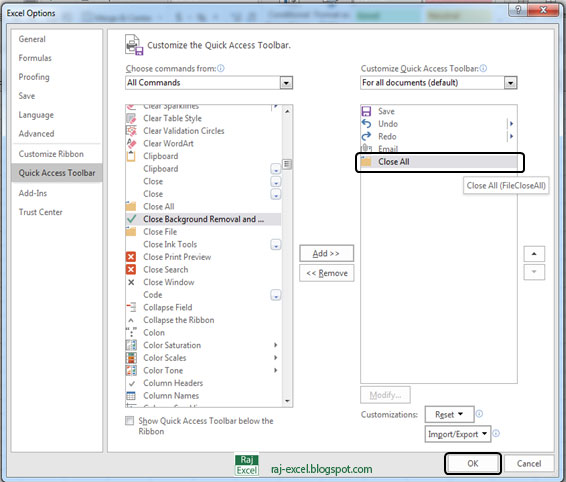 Raj Excel Close All File On A Single Click In Excel 2013 And 2016