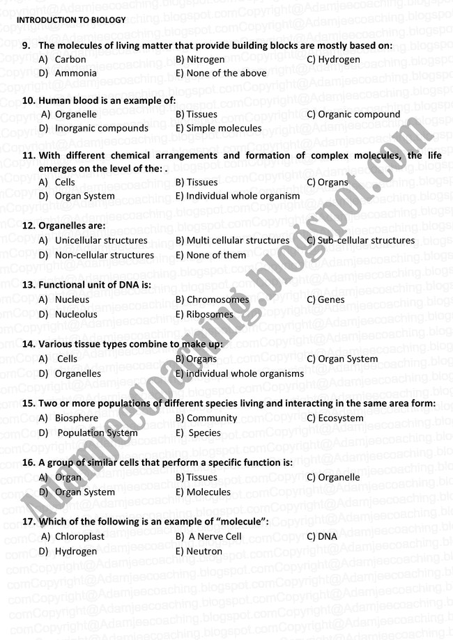 Adamjee Coaching: Biology Mcqs XI - Introduction to Biology Mcqs