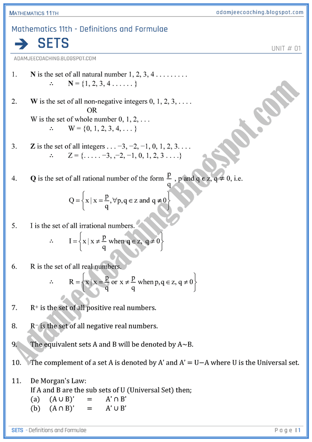 Adamjee Coaching: Sets - Definitions and Formulae - Mathematics 11th