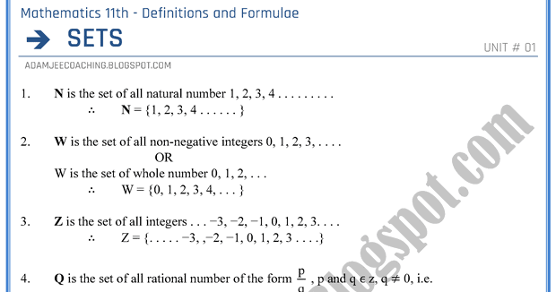 Adamjee Coaching: Sets - Definitions and Formulae - Mathematics 11th