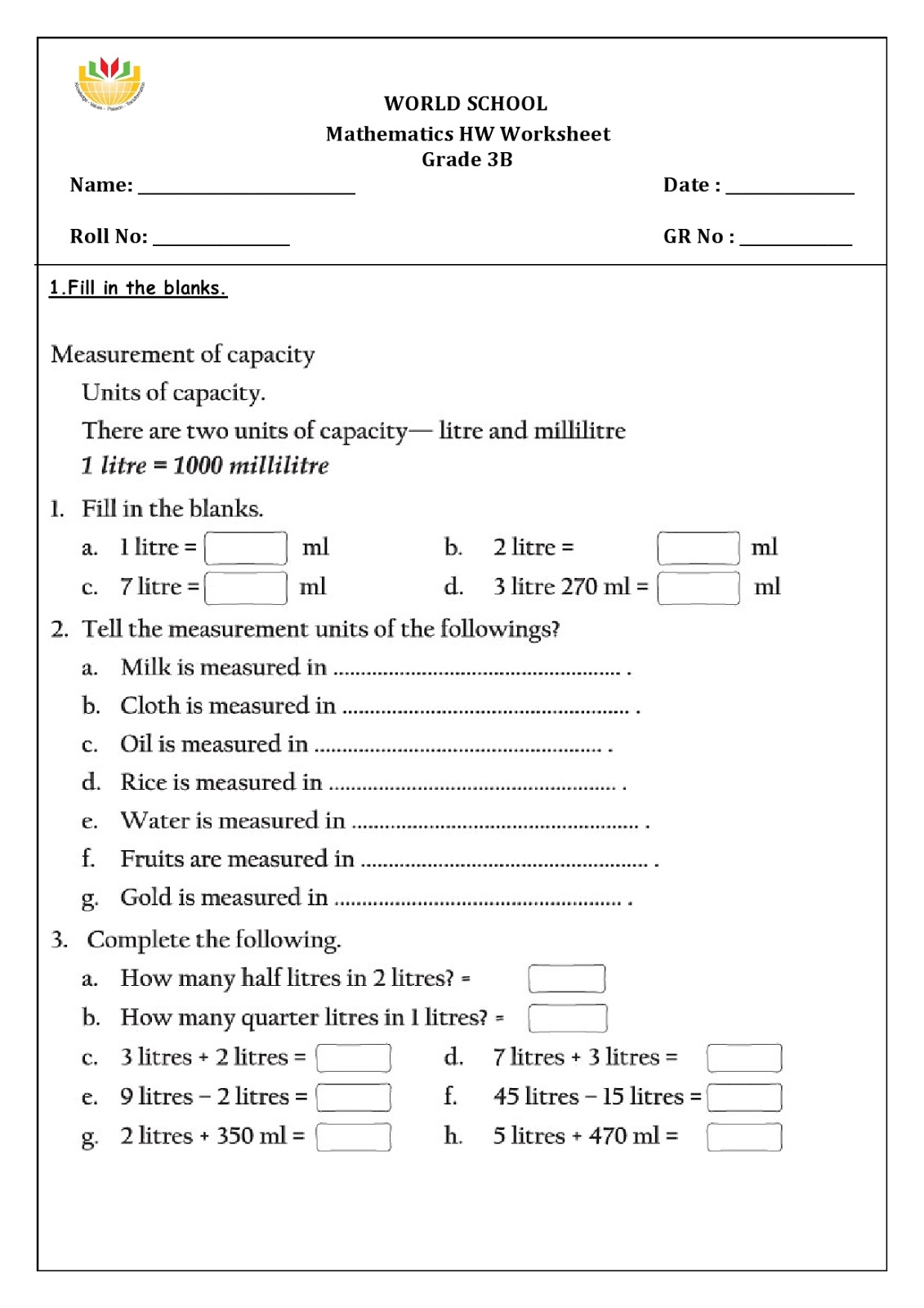 Birla World School Oman: Homework for Grade 3 as on 27/02/2018