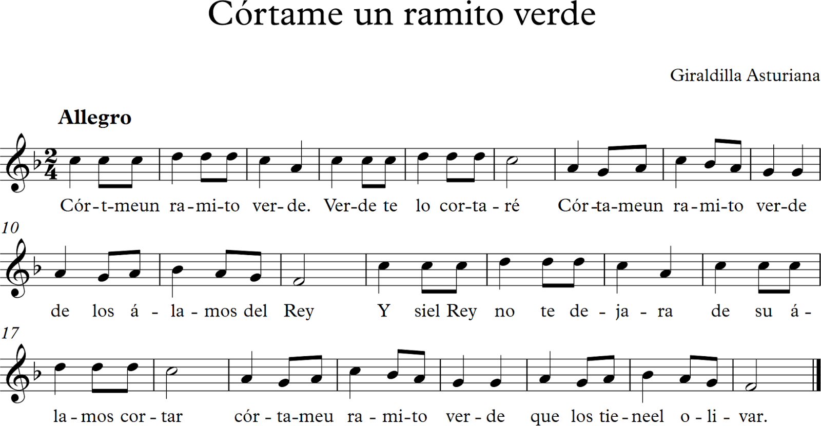 Córtame un ramito Verde. Partitura para flauta dulce - Descubriendo la ...
