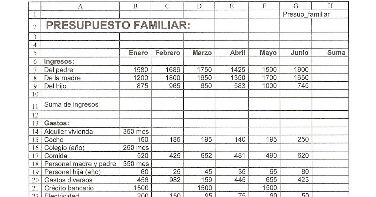 IES HONORI GARCIA "FRANCH": Ejercicio de Excel "Presupuesto familiar"