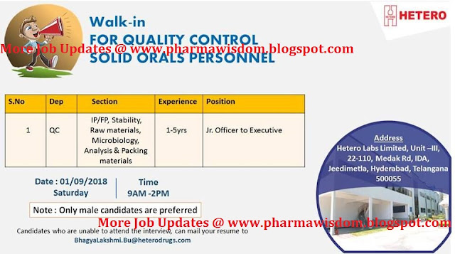 Walk-In @ Hetero Labs Limited for Quality Control on 1st September ...