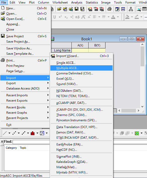 Lab隨記: OriginPro 8 將多筆資料匯入同一sheet (workbook)
