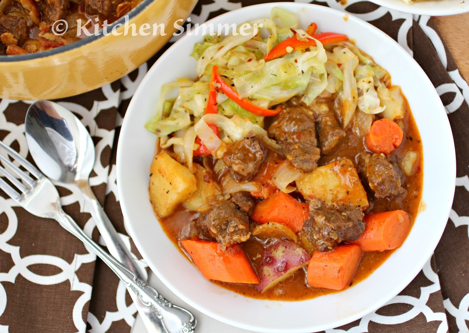 Kitchen Simmer: Beef and Bacon Stew with Sauteed Cabbage