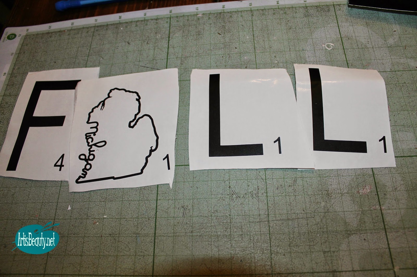 ART IS BEAUTY: Rescued wood turned Michigan "FALL" scrabble tiles.