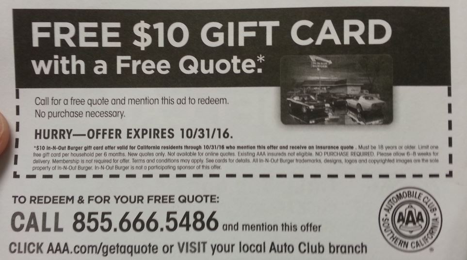 Just A Car Guy: 10 dollar In n Out gift card from AAA if you spend ...