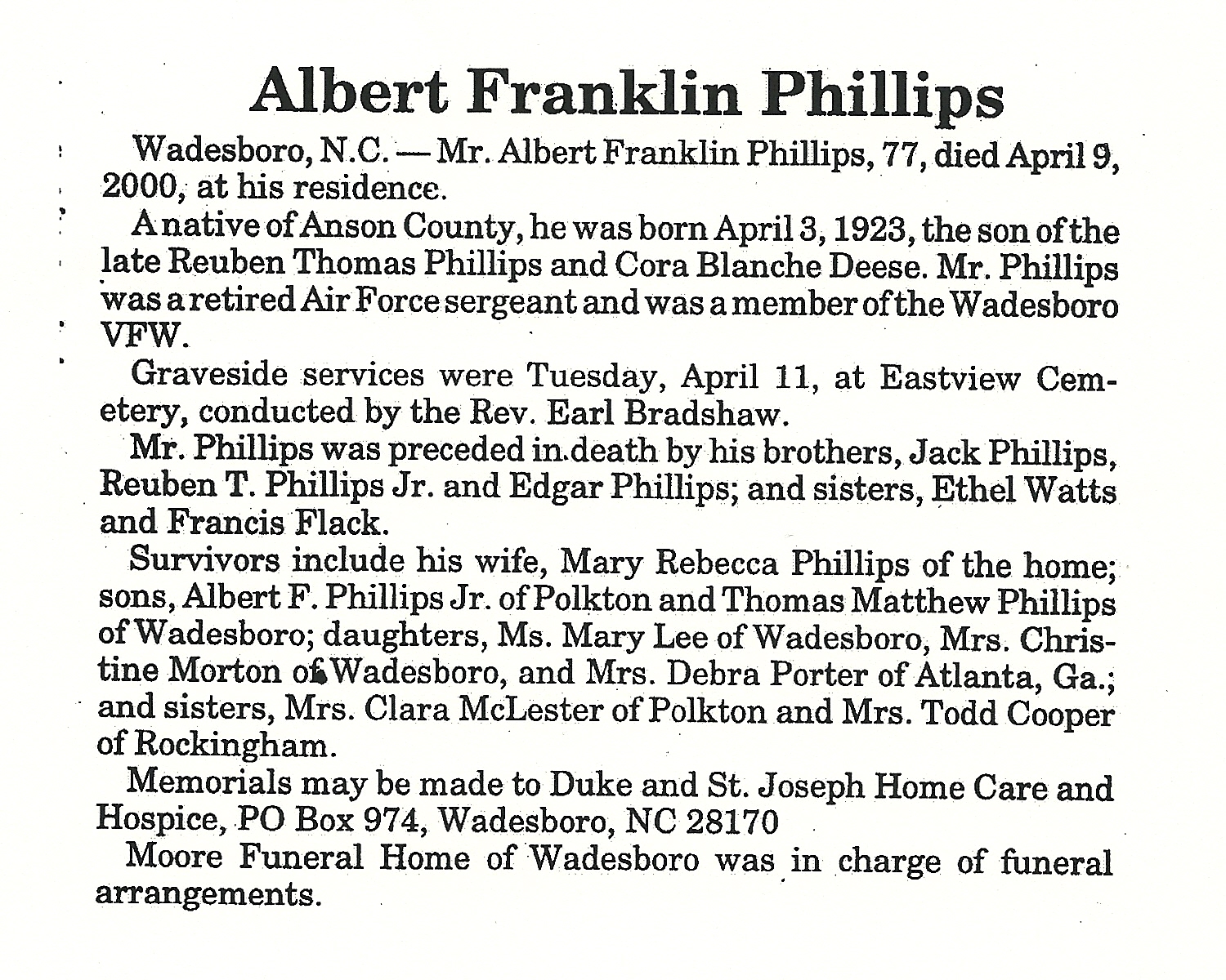 Carolina Family Roots: Sundays Obituary: Albert Franklin Phillips, Sr.