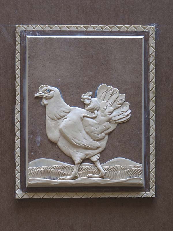 Globspot: Chicken and mouse bas relief plaque commission