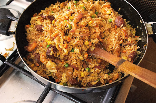 Chorizo Fried Rice with Prawns and Eggs