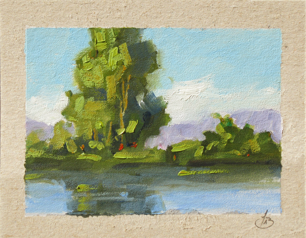 TOM BROWN FINE ART: TREES, STREAM, MINIATURE OIL PAINTING by TOM BROWN