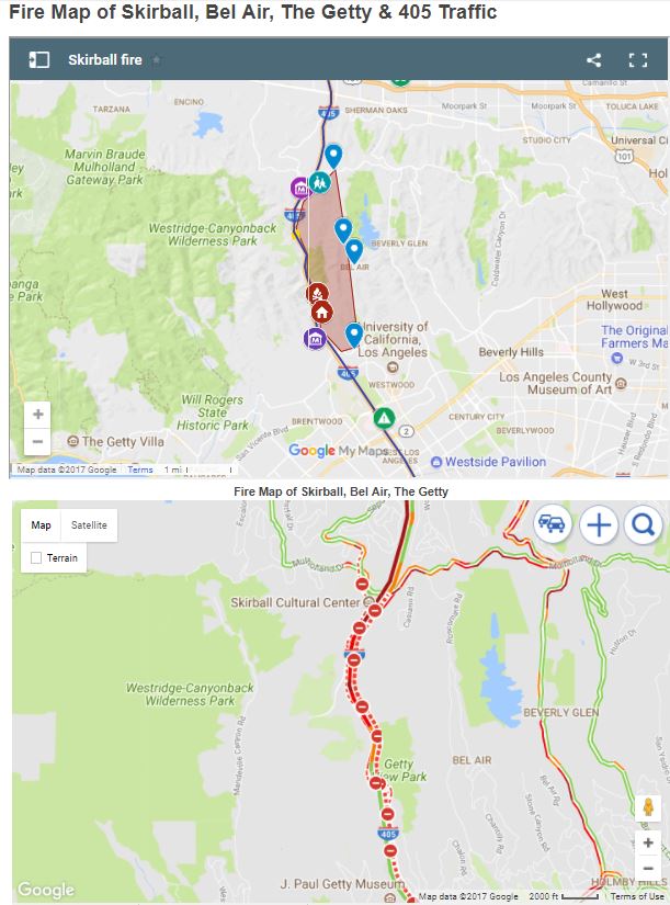 Live Fire Map of Skirball, Bel Air, The Getty & 405 Traffic