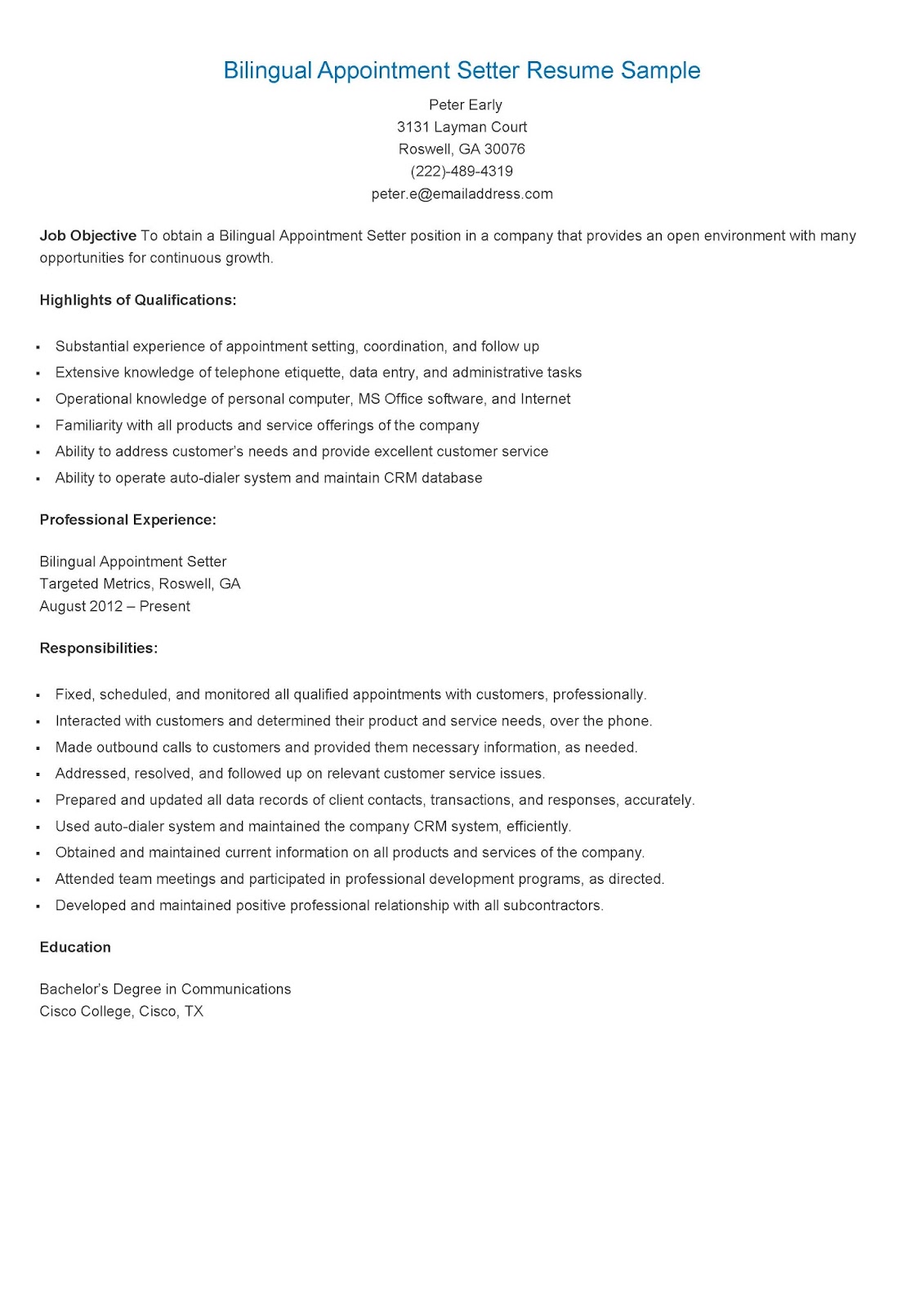 Resume Samples: Bilingual Appointment Setter Resume Sample