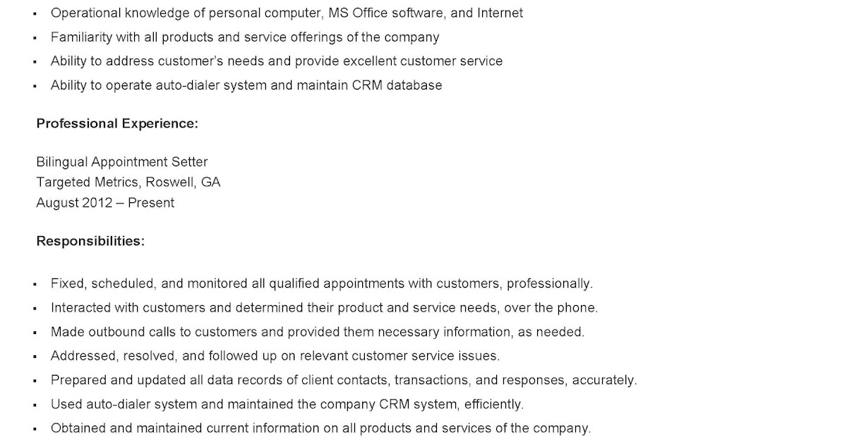 Resume Samples: Bilingual Appointment Setter Resume Sample