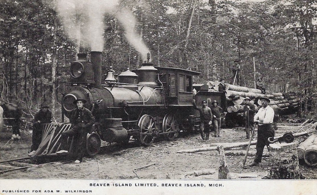 transpress nz: Beaver Island logging train, Michigan, 1900s