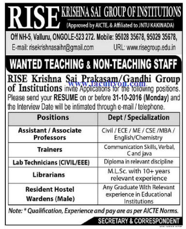 RISE Krishna Sai Group of Institutions, Ongole, Wanted Faculty Plus ...