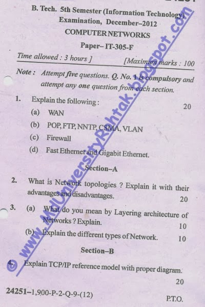 Computer Networks - December 2012 Question Paper - MDU