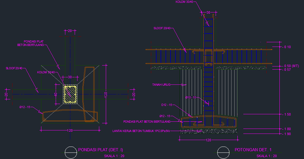 Detail Pondasi Foot Plat Beton Bertulang - Contoh Gambar AutoCAD