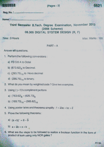 University of Kerala B.Tech CSE Digital System Design 2013 Question ...