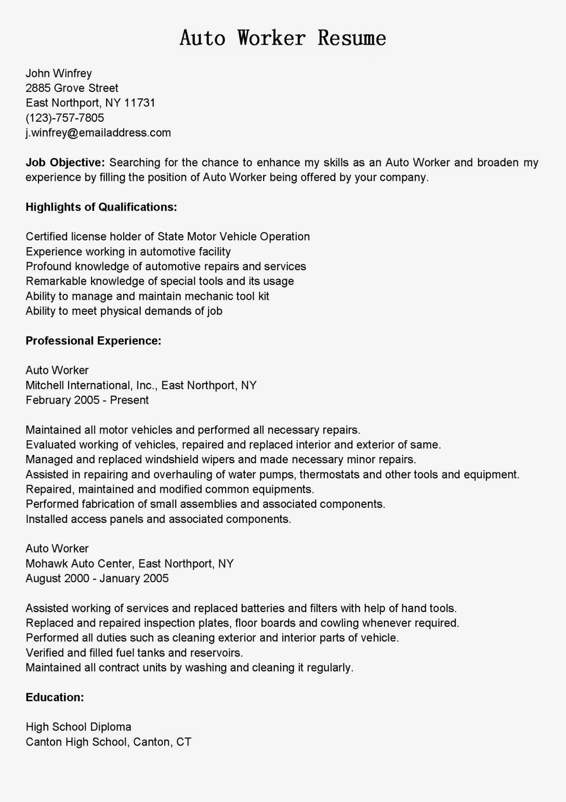 Resume Samples: Auto Worker Resume Sample