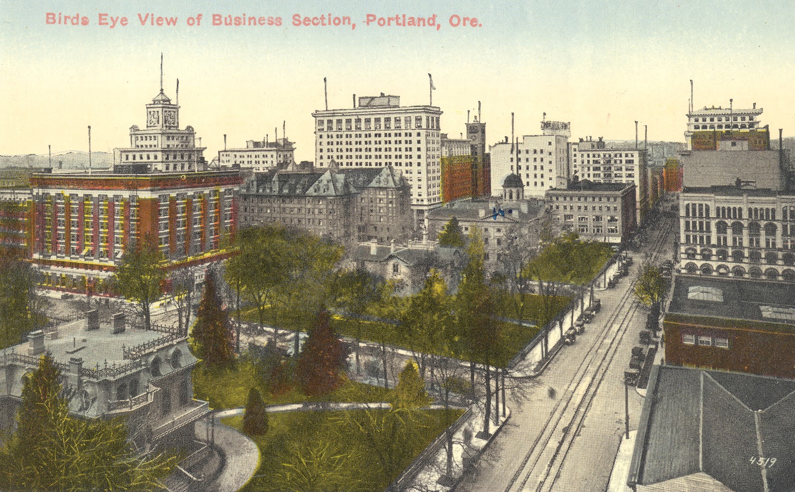 Old photos of architecture: Tinted postcard of Downtown Portland