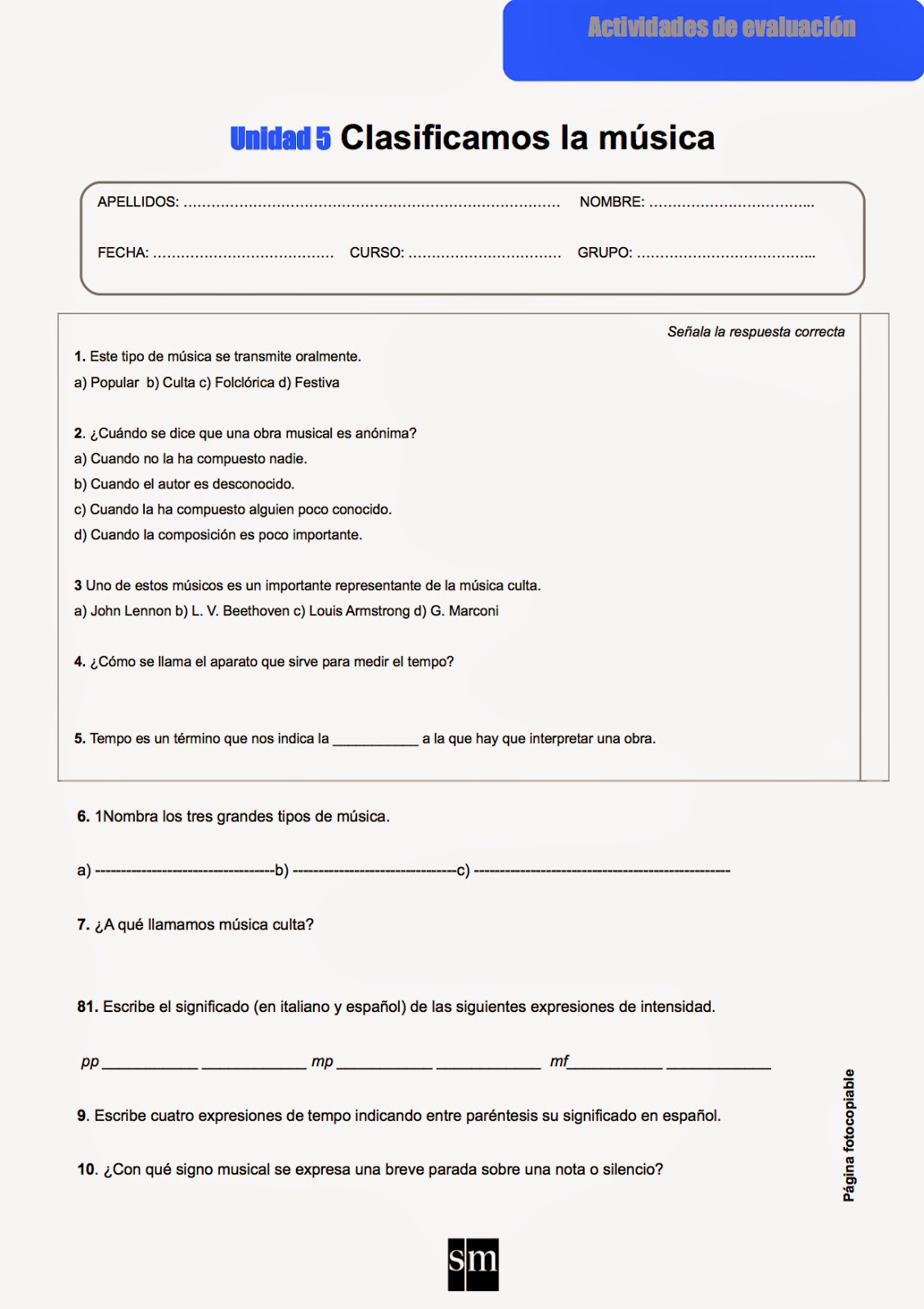 MÚSICA: 1º ESO Fichas Refuerzo Tema 5