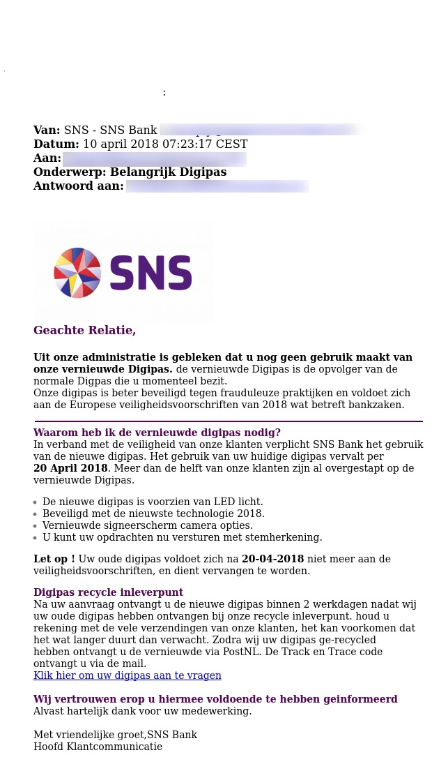 Pas op voor nepmail SNS over vervangen bankpas - Bank Nieuws